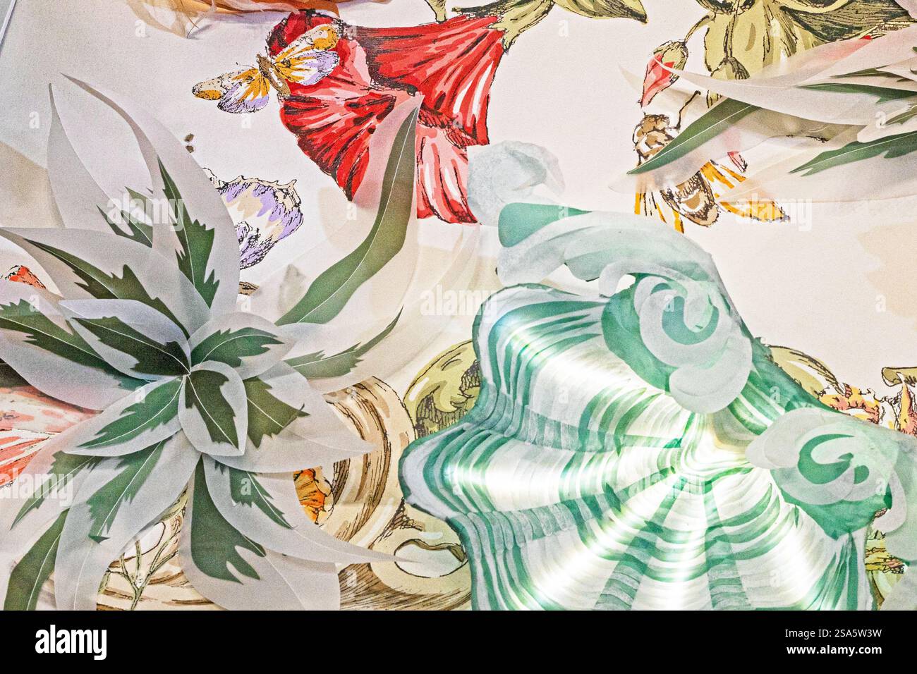 decorative design of a shop window in a plant theme with butterflies ...