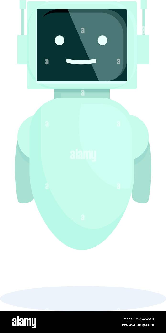 Blue and white robot with a monitor for a head is smiling and floating. Friendly robot smiling ...