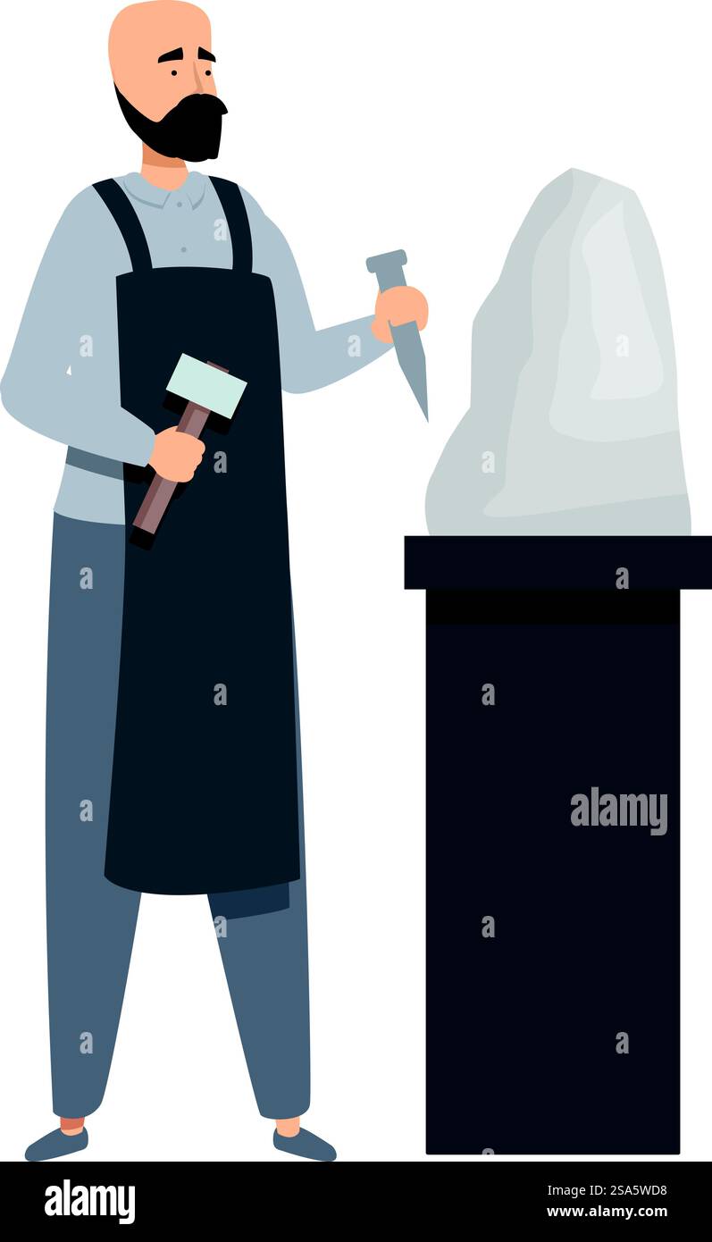 Male sculptor wearing an apron, holding a mallet and chisel, sculpting ...
