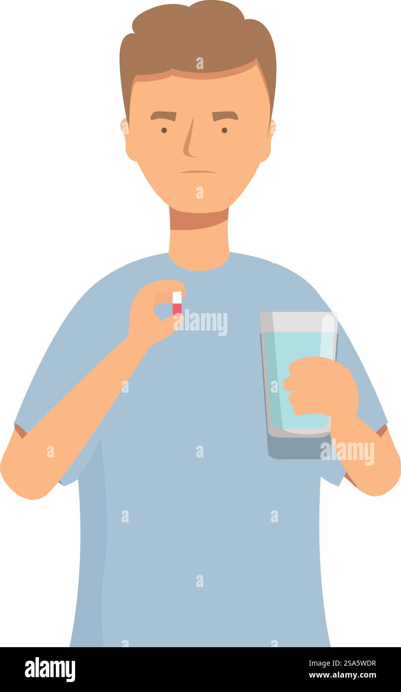 Young man holding a pill and a glass of water, preparing to take his ...