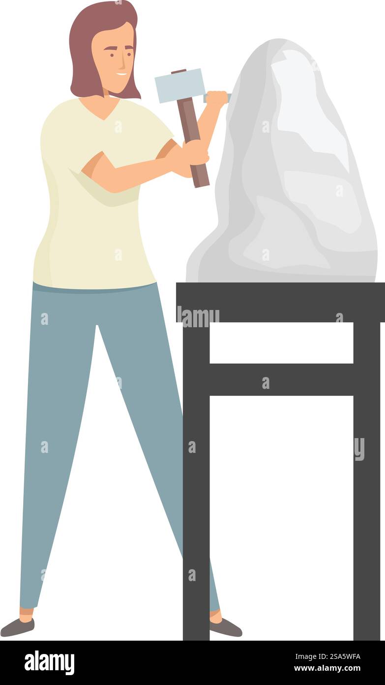 Sculptor is working on a sculpture in her workshop, using a hammer and ...