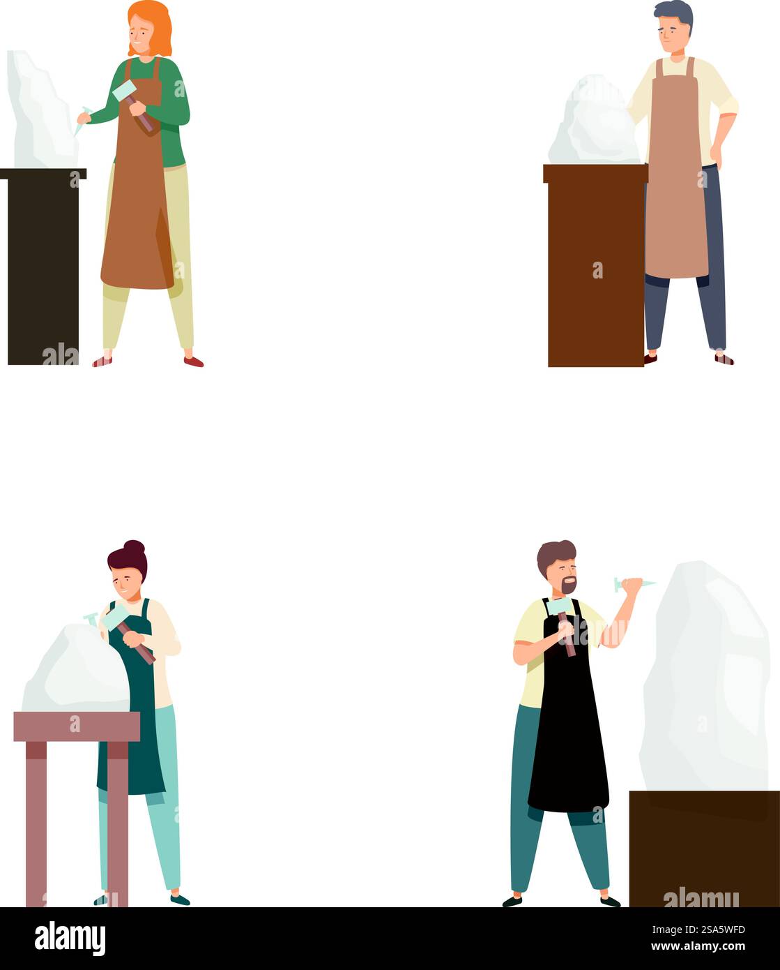 Set of four vector illustrations featuring artists crafting marble statues. Artists sculpting ...