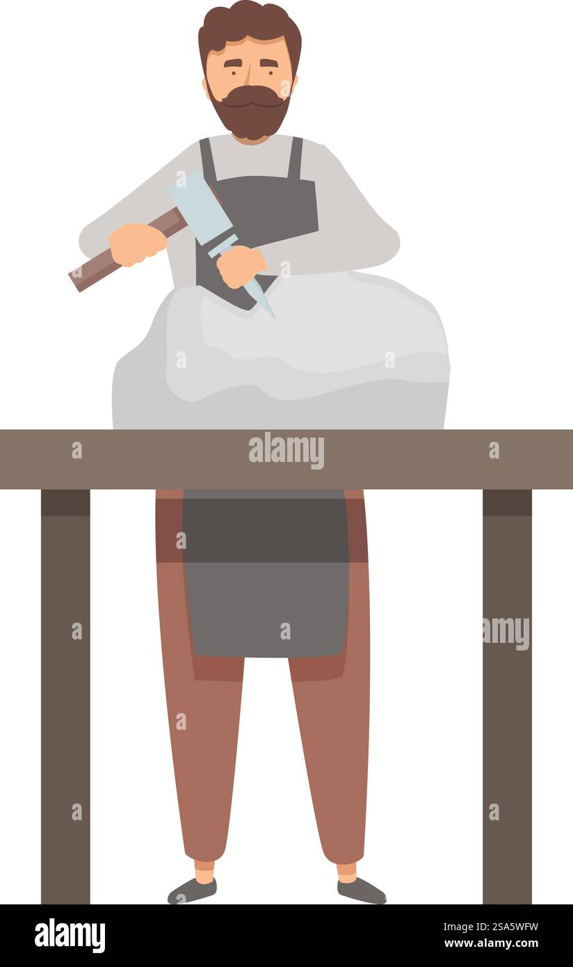Sculptor wearing an apron is carving a stone sculpture with a hammer ...