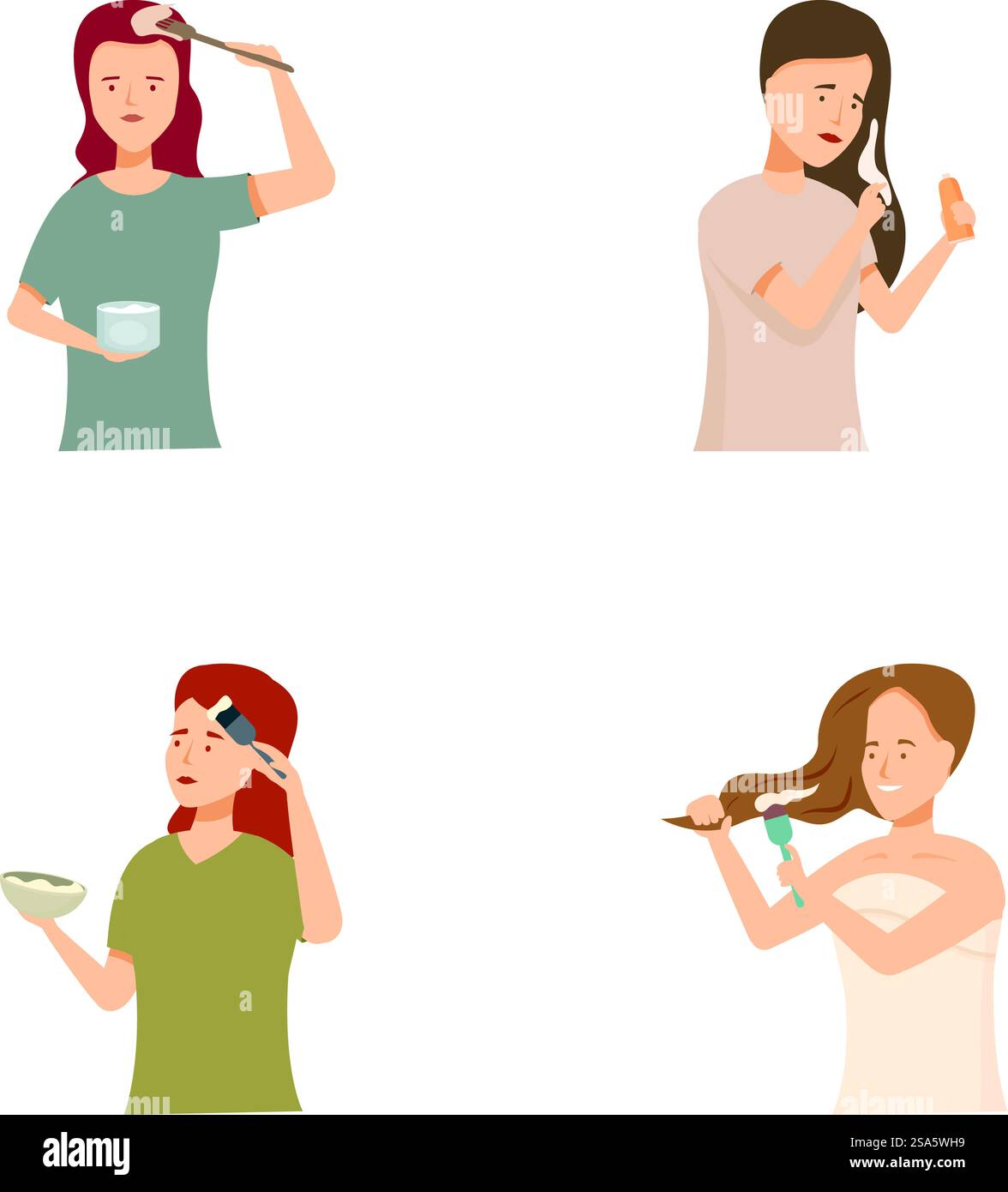 Vector illustrations of women performing various hair care routines ...