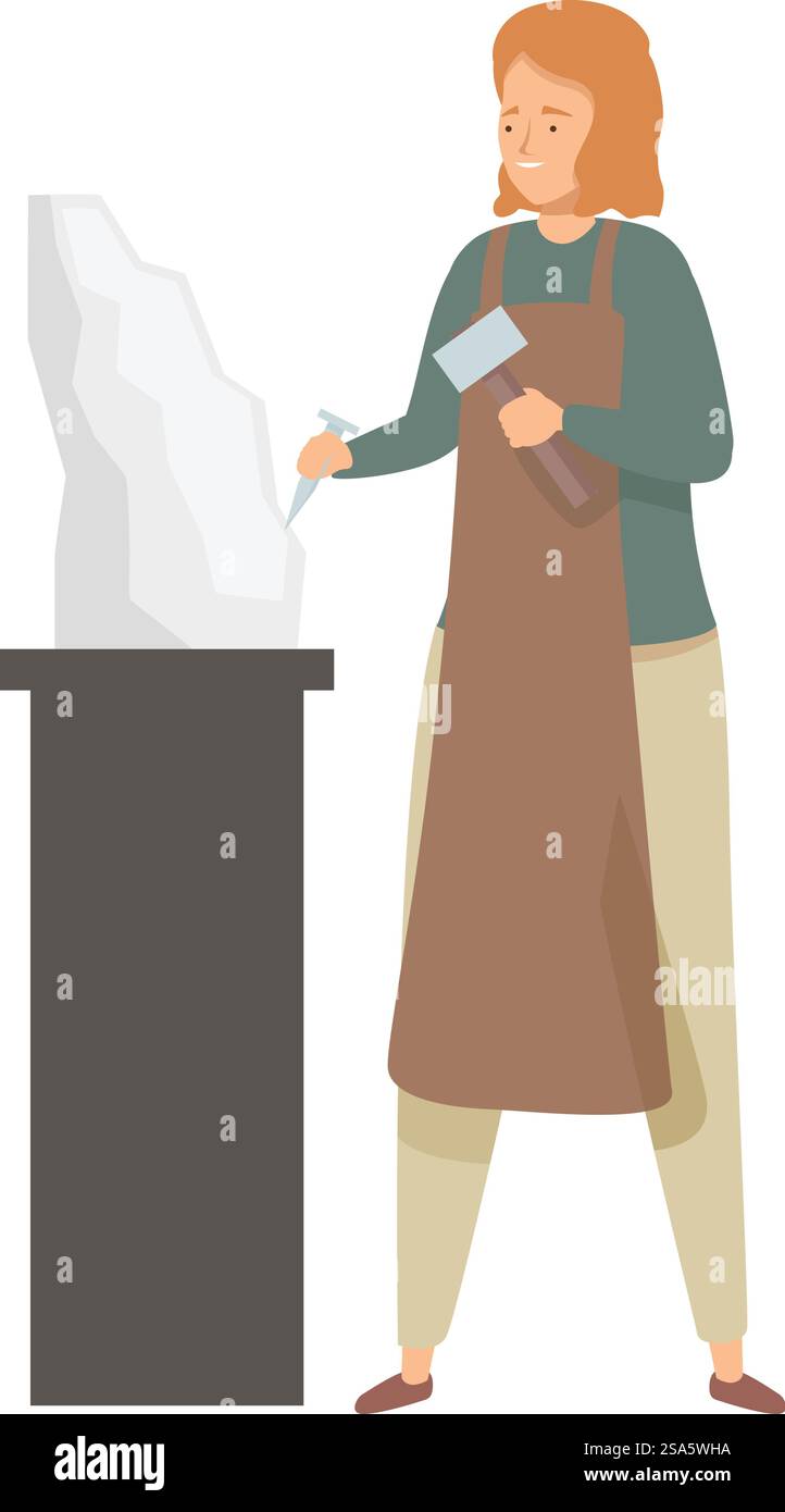 Sculptor is working on a sculpture in her workshop, using a hammer and ...