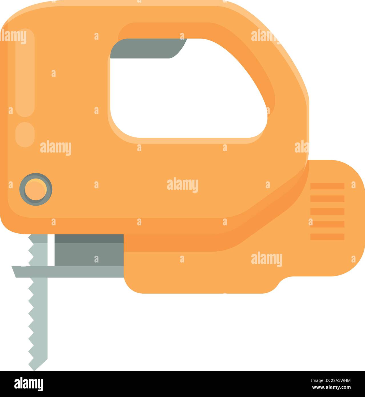 Orange colored jig saw cutting through a piece of wood with a sharp ...