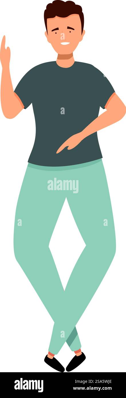 Smiling young man standing on one leg and pointing with his finger ...