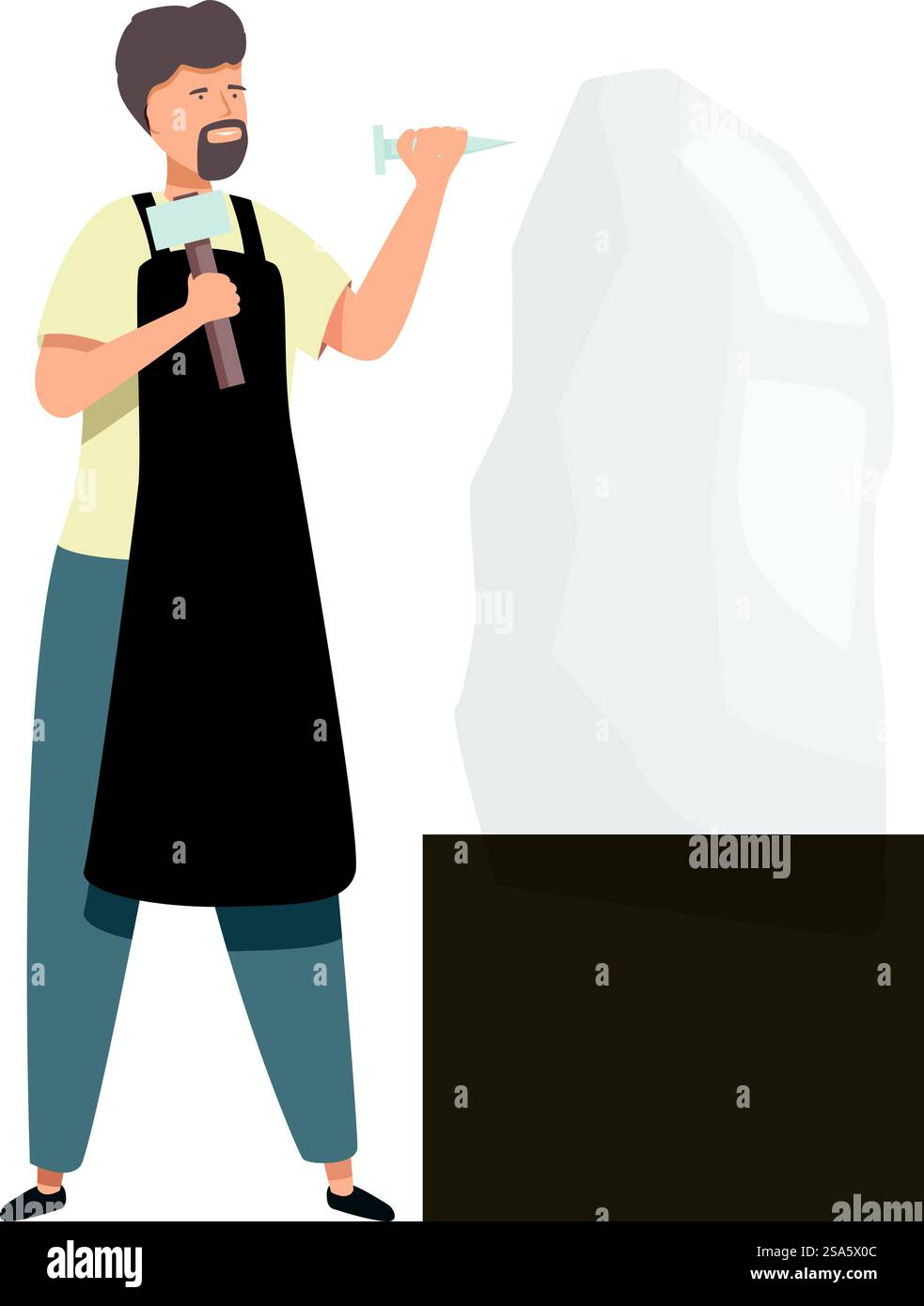 Sculptor wearing an apron is carving a stone sculpture with a hammer ...