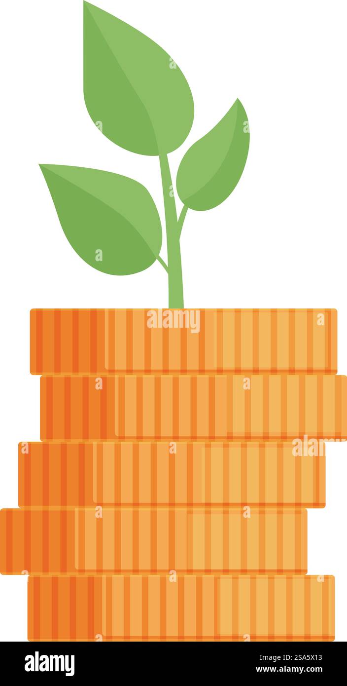 Small green plant is growing from a stack of gold coins, symbolizing ...