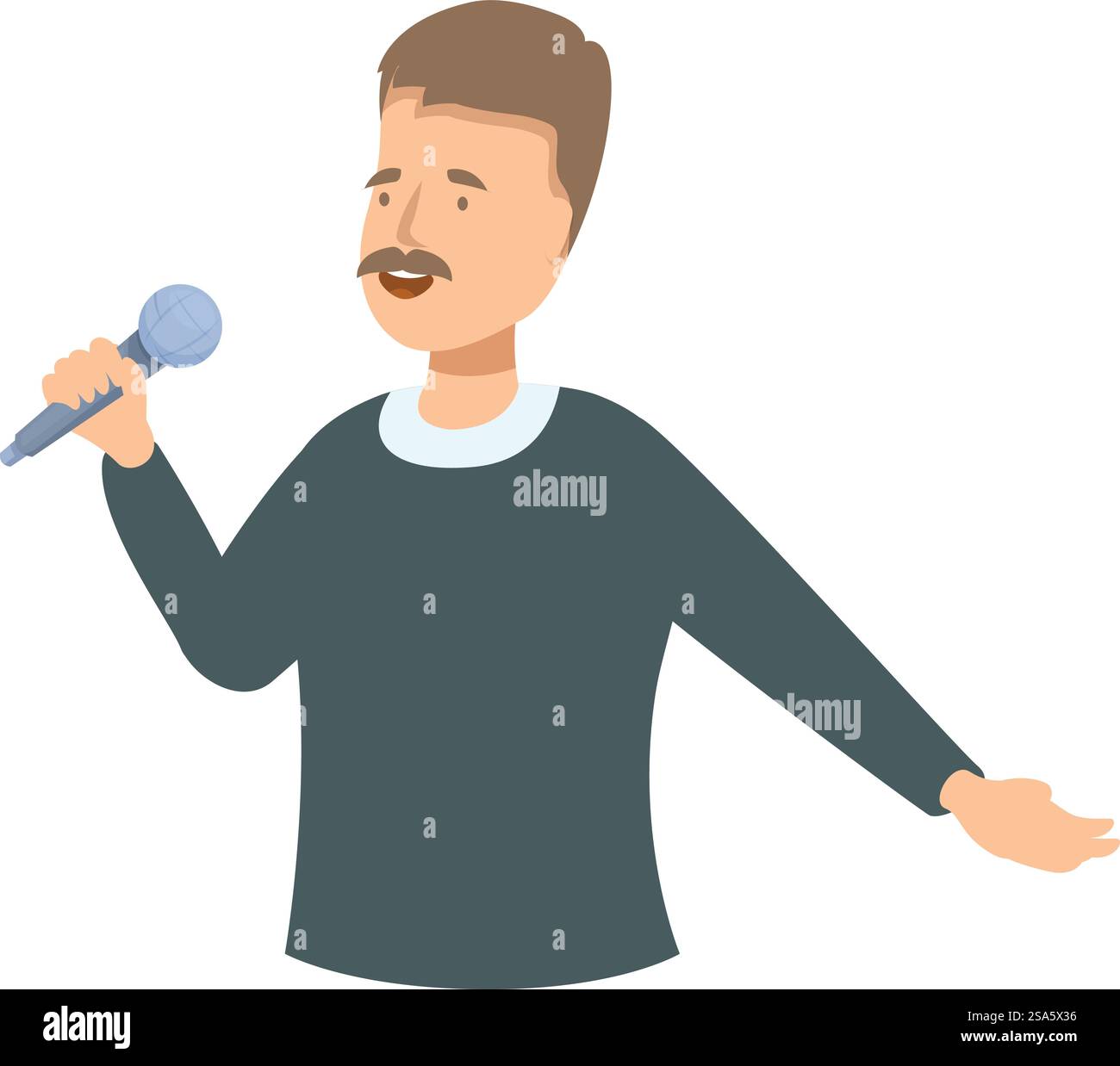 Confident speaker is holding a microphone, delivering a speech with ...
