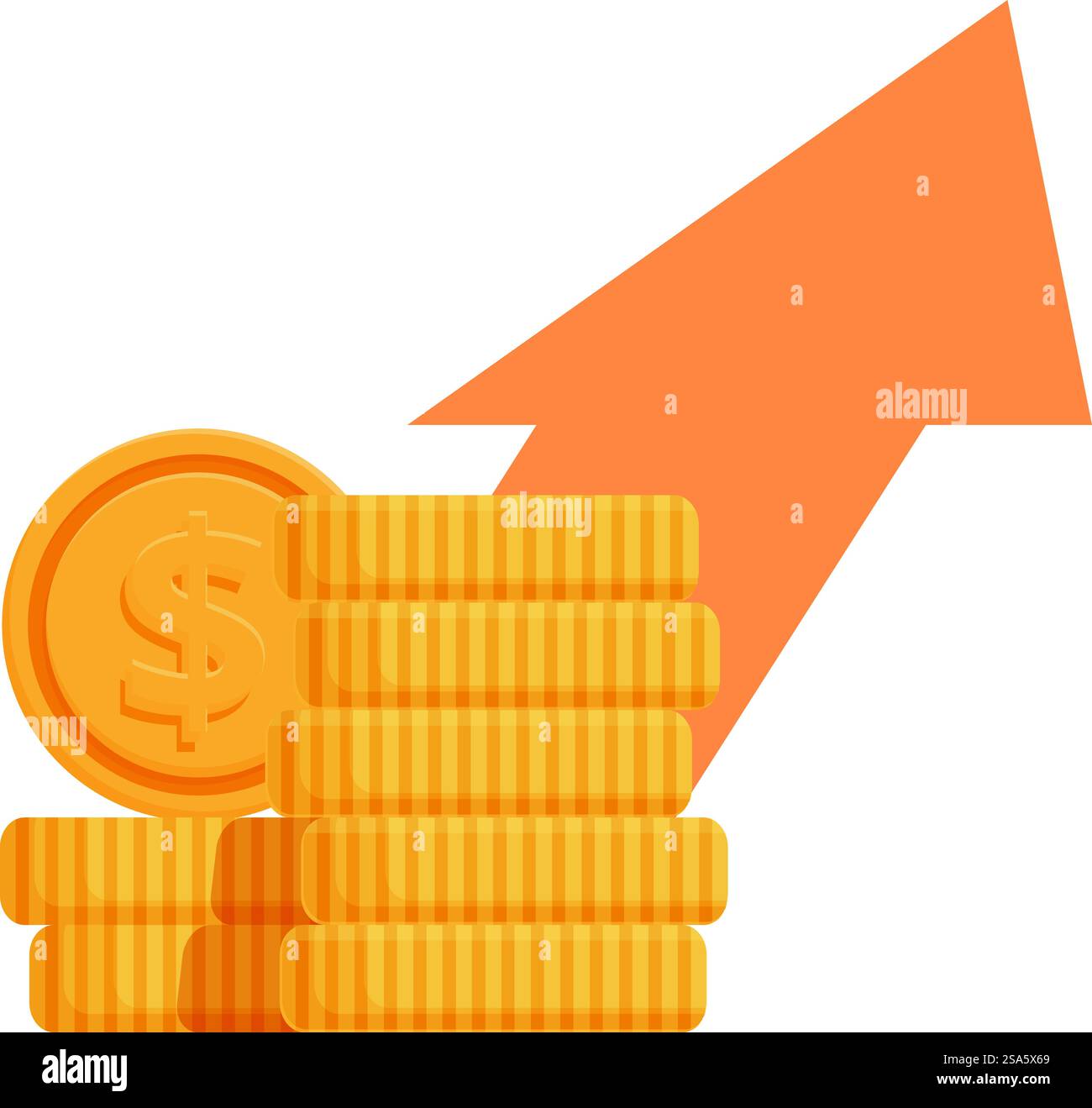 Gold coins are stacked high with an upward arrow indicating increasing value. Stack of gold ...