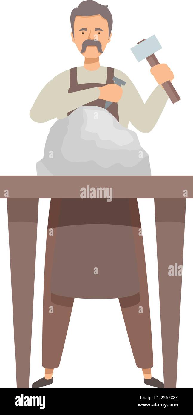 Sculptor carving stone sculpture with hammer and chisel on workbench ...