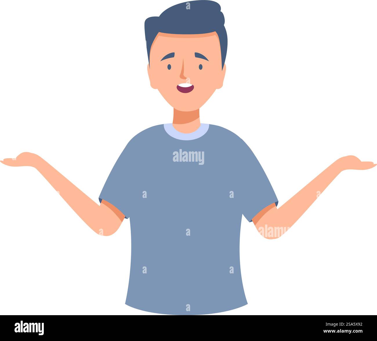 Happy male character is shrugging with raised arms, uncertainty and ...
