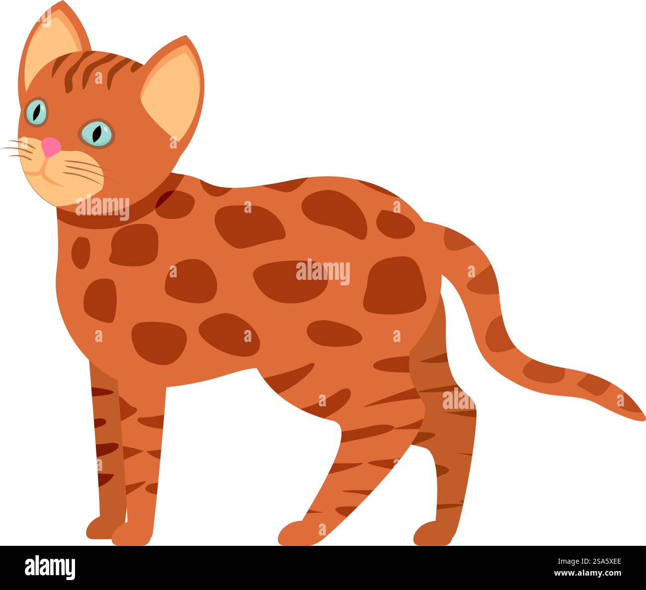 Cartoon bengal cat standing with brown fur and black spots looking ...