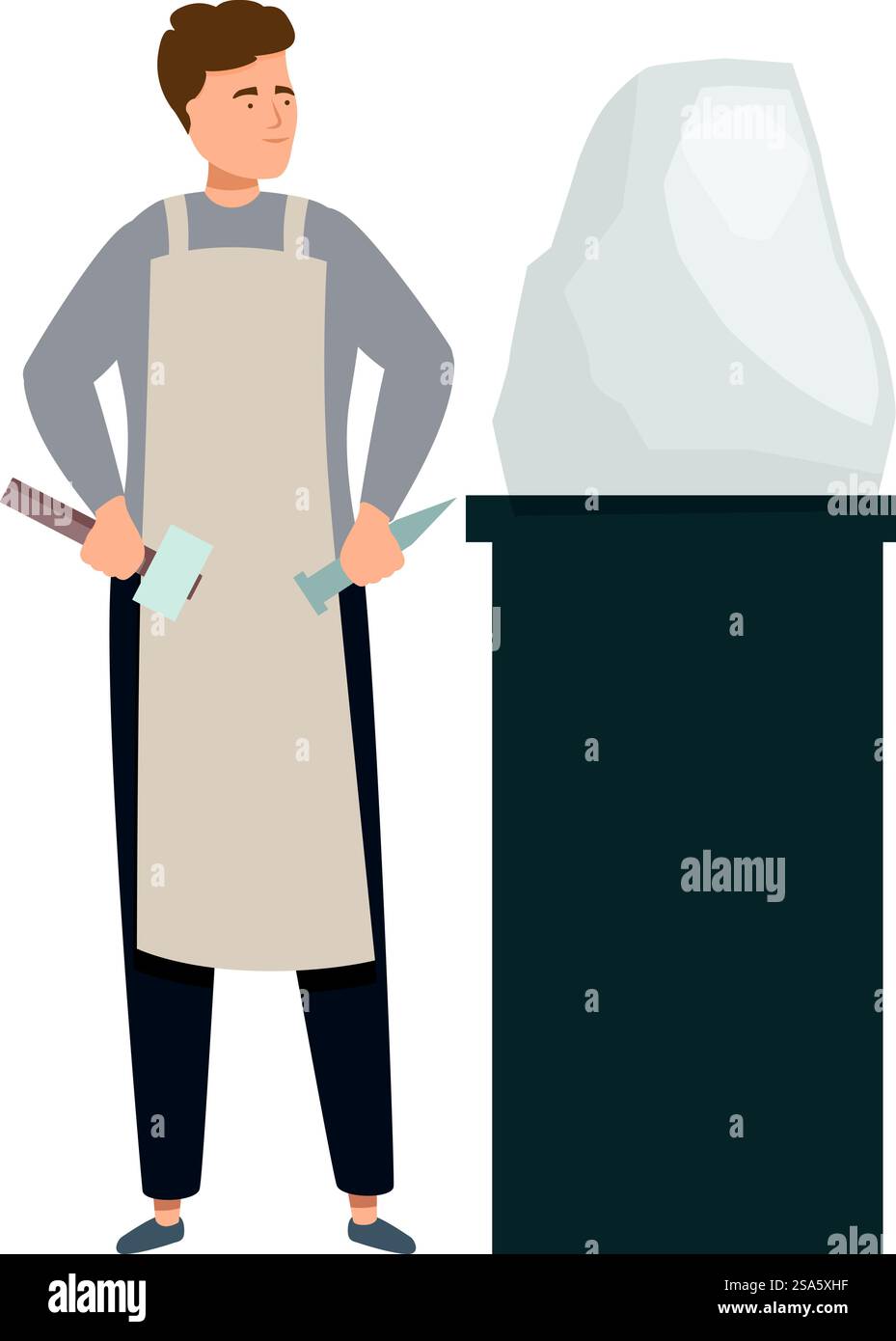 Sculptor holding hammer and chisel standing near stone block on ...