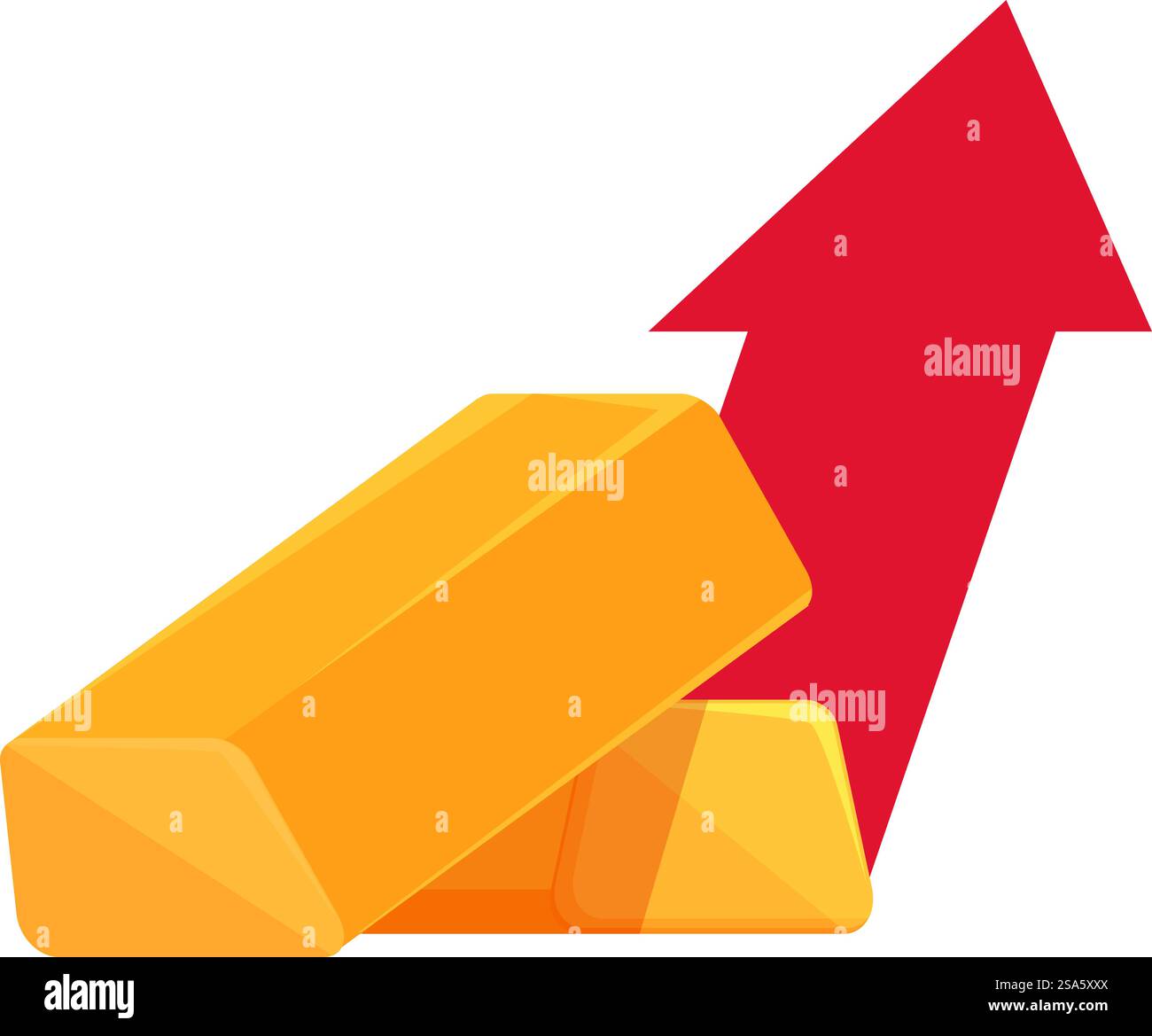 Gold price increasing with upward red arrow behind two gold bars. Gold bars value increasing ...