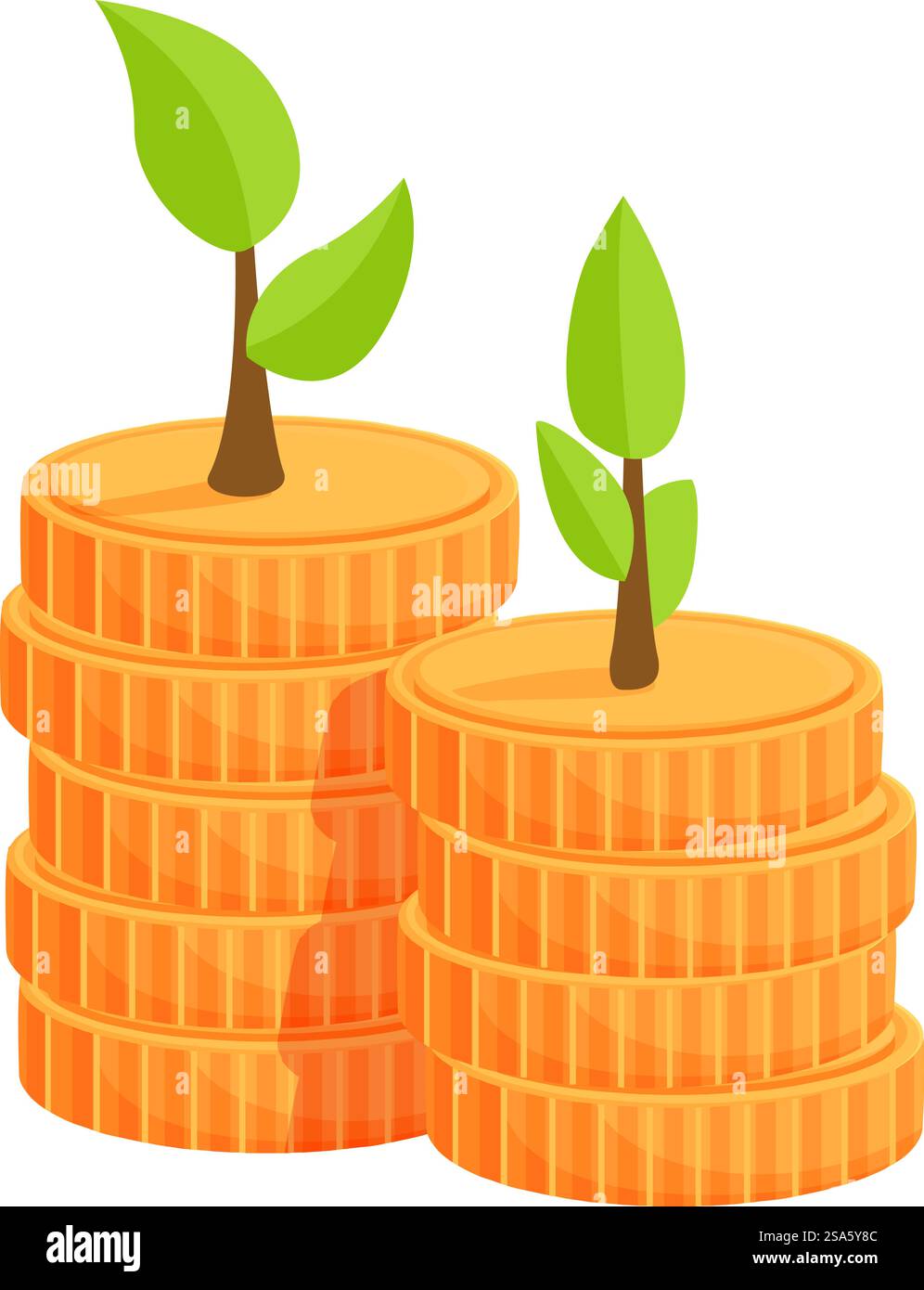 Green business is growing from two stacks of golden coins. Green ...