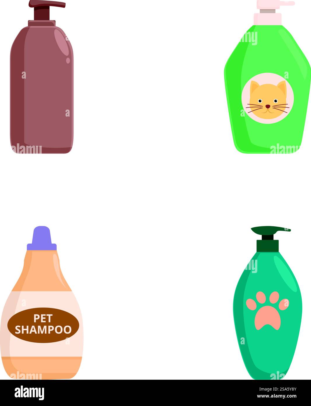 Set of four cute cartoonstyle pet shampoo bottles with animal designs ...