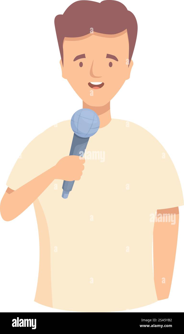 Young man is speaking holding a microphone, making an announcement ...