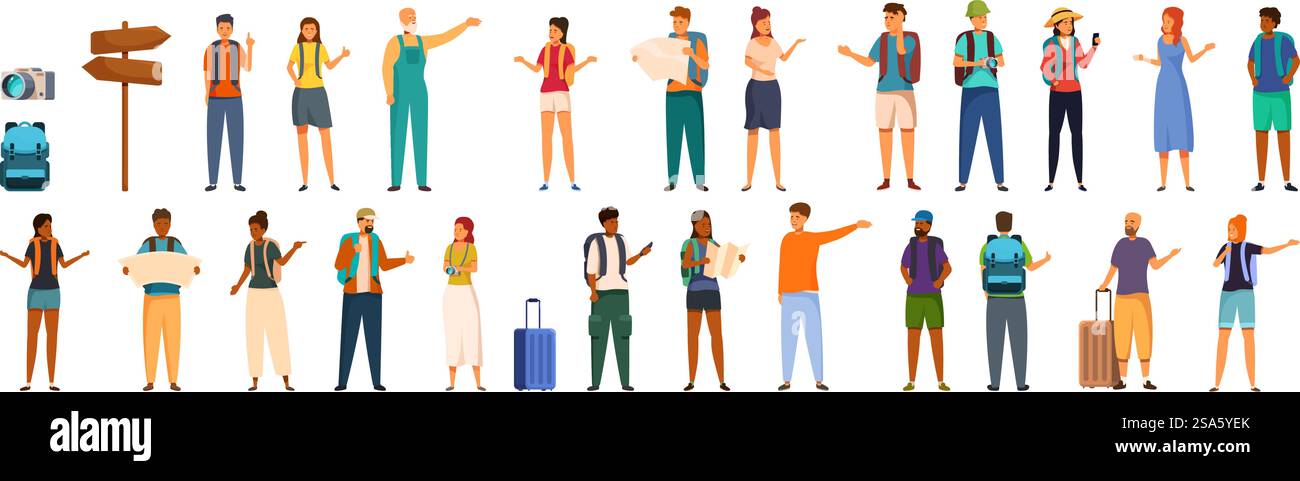 Tourist ask icons set. Diverse group of people traveling together ...