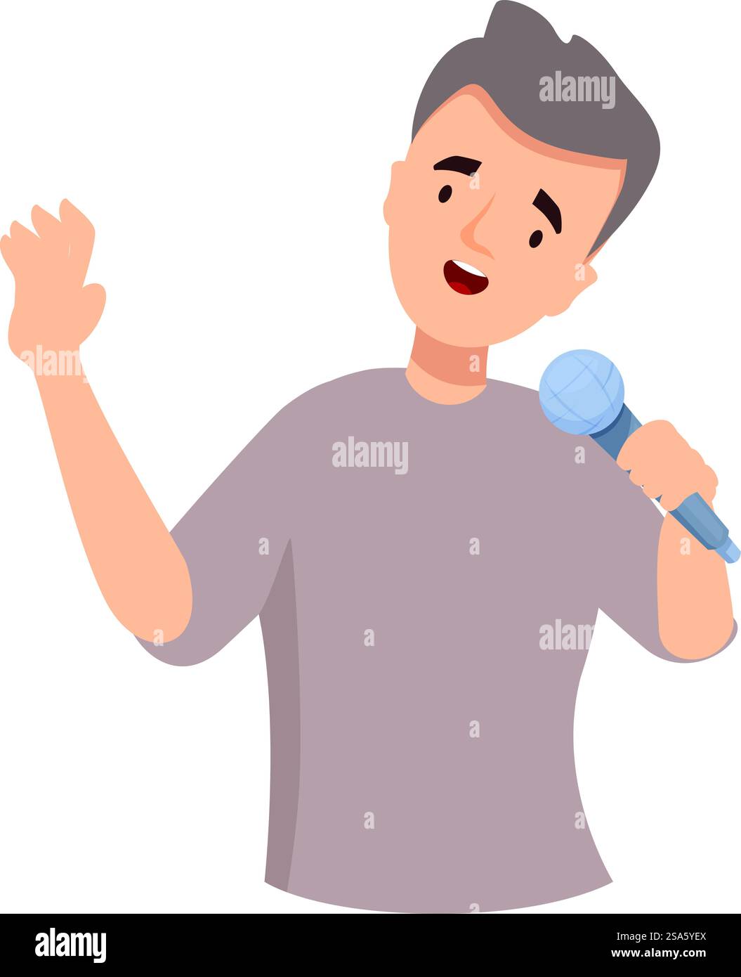 Young musician singing with microphone raising hand. Young man singing ...