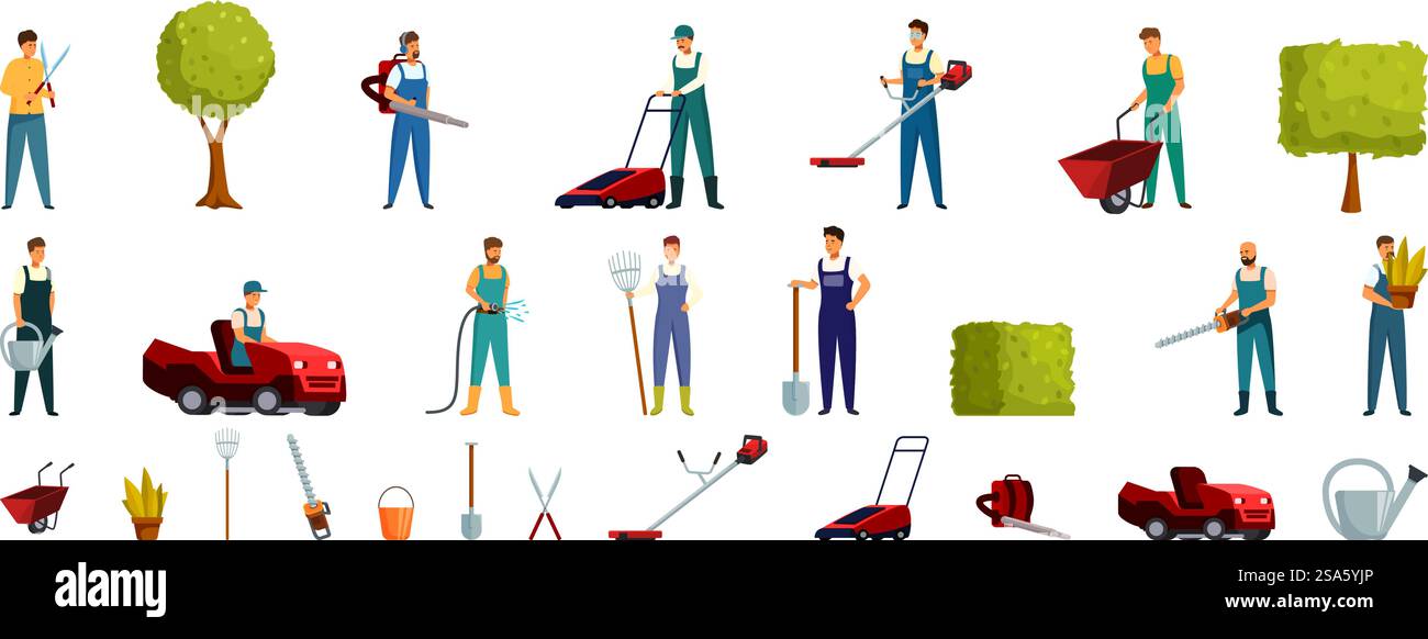 Lawn worker icons set. Gardeners mowing, trimming and watering plants ...