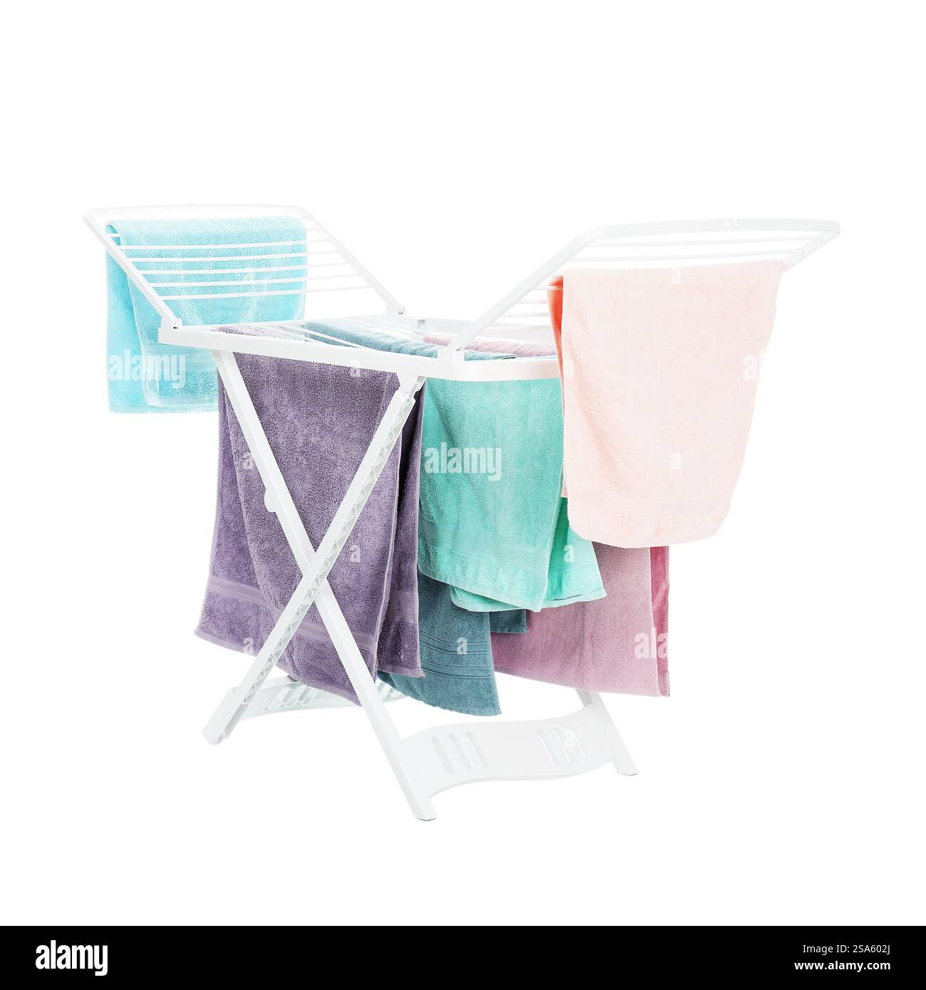 Drying rack with fresh clean laundry isolated on white Stock Photo - Alamy