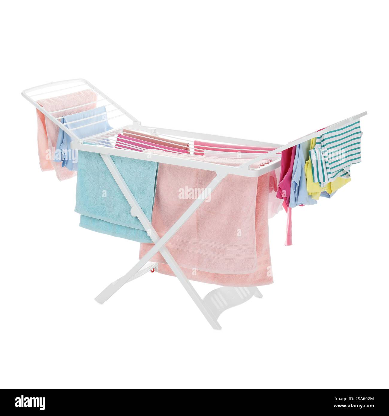 Drying rack with fresh clean laundry isolated on white Stock Photo - Alamy