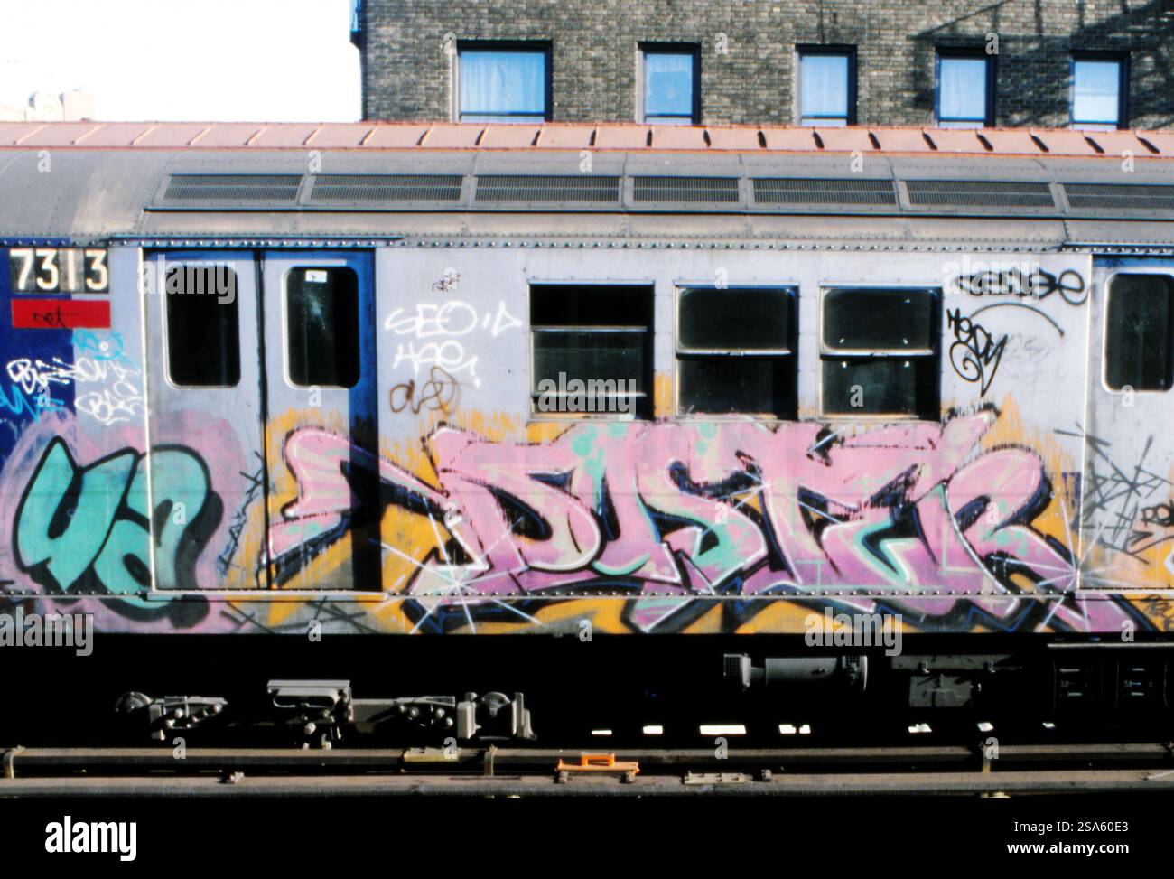 A piece by the graffiti artist Duster on the 1 train, NYC, 1984 Stock ...
