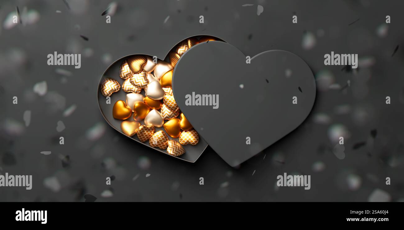 Black opened heart-shaped box with golden hearts inside on a background ...
