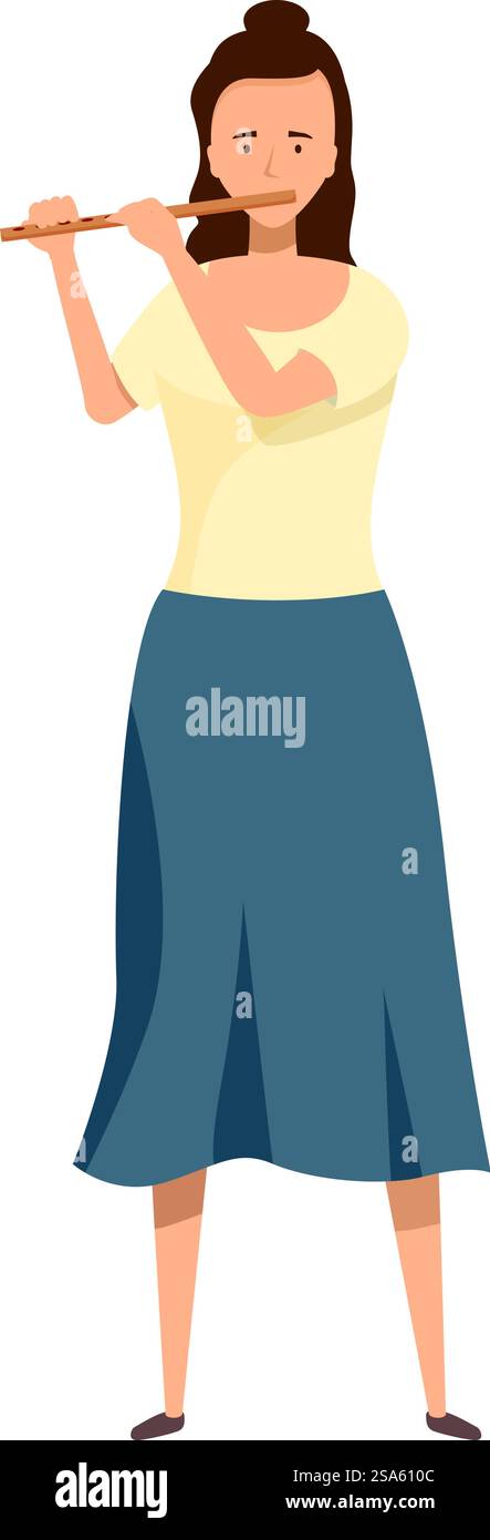 Young woman playing transverse flute standing on white background ...