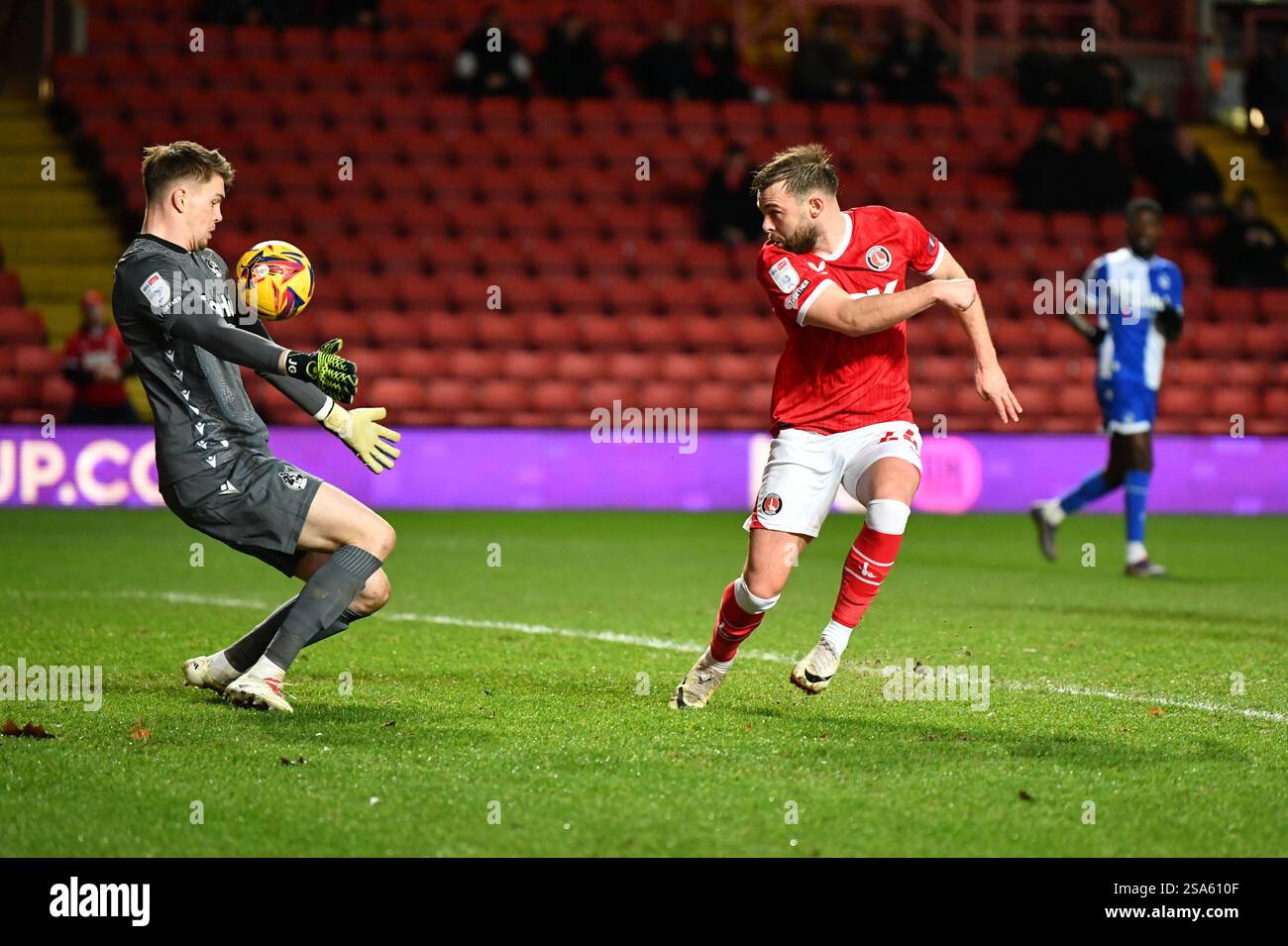 London, England. 28th Jan 2025. Josh Griffiths saves from Matty Godden ...