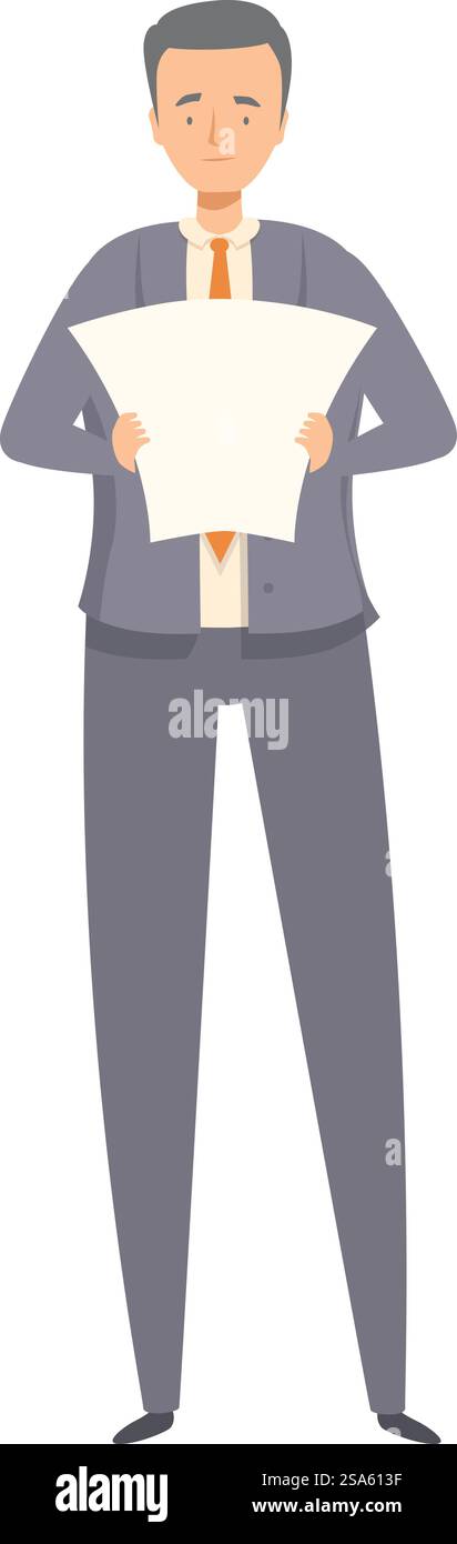 Businessman standing and holding a blank sheet of paper, making an ...