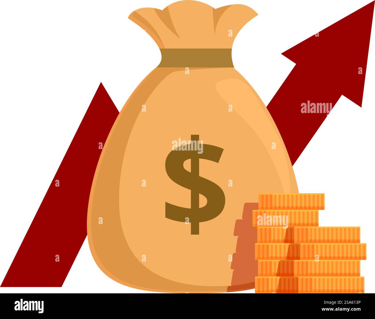 Money bag getting bigger with a growing up red arrow and a stack of ...