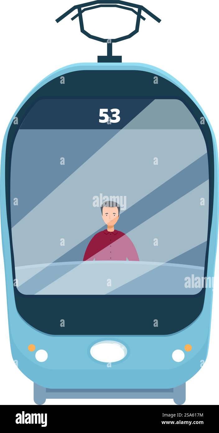 Tram driver is sitting in a modern tram and driving through the city ...