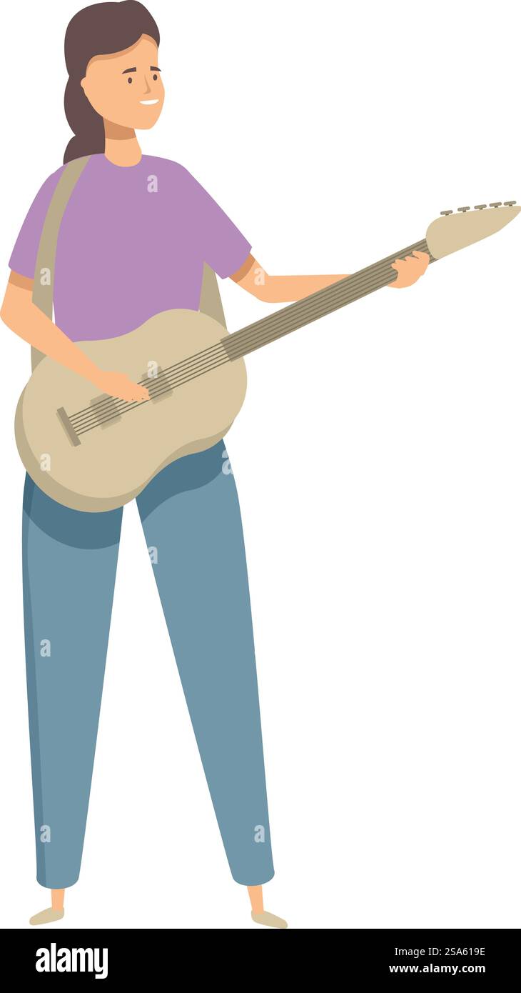 Young woman is playing an acoustic guitar with a smile on her face ...