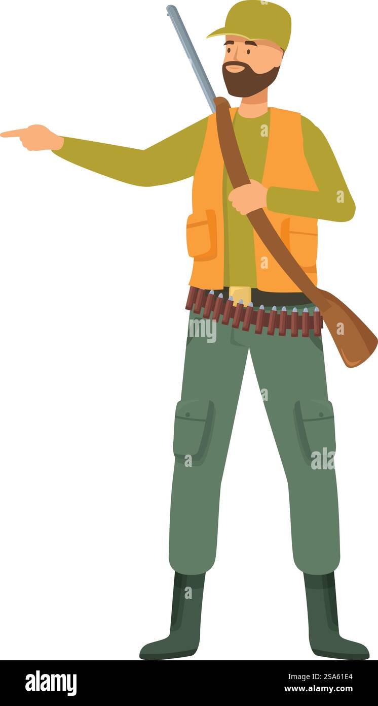 Hunter holding rifle pointing with finger wearing green hunting clothes ...