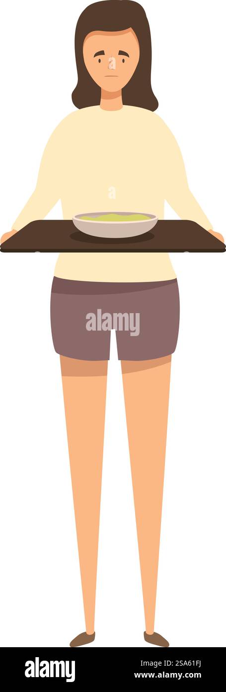 Sad young woman holding an empty tray with a soup bowl, concept of ...