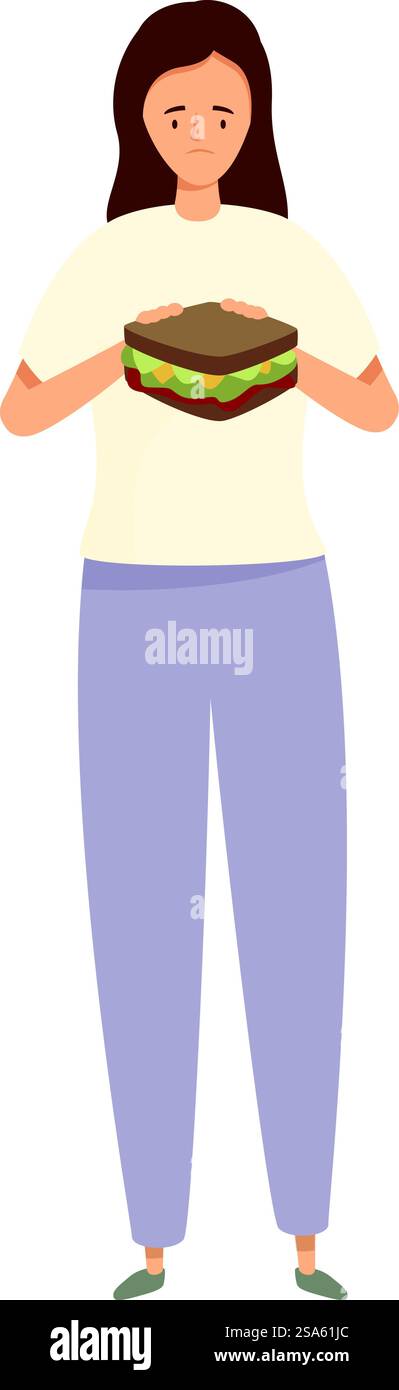 Sad woman is holding a stale sandwich, highlighting the global issue of ...