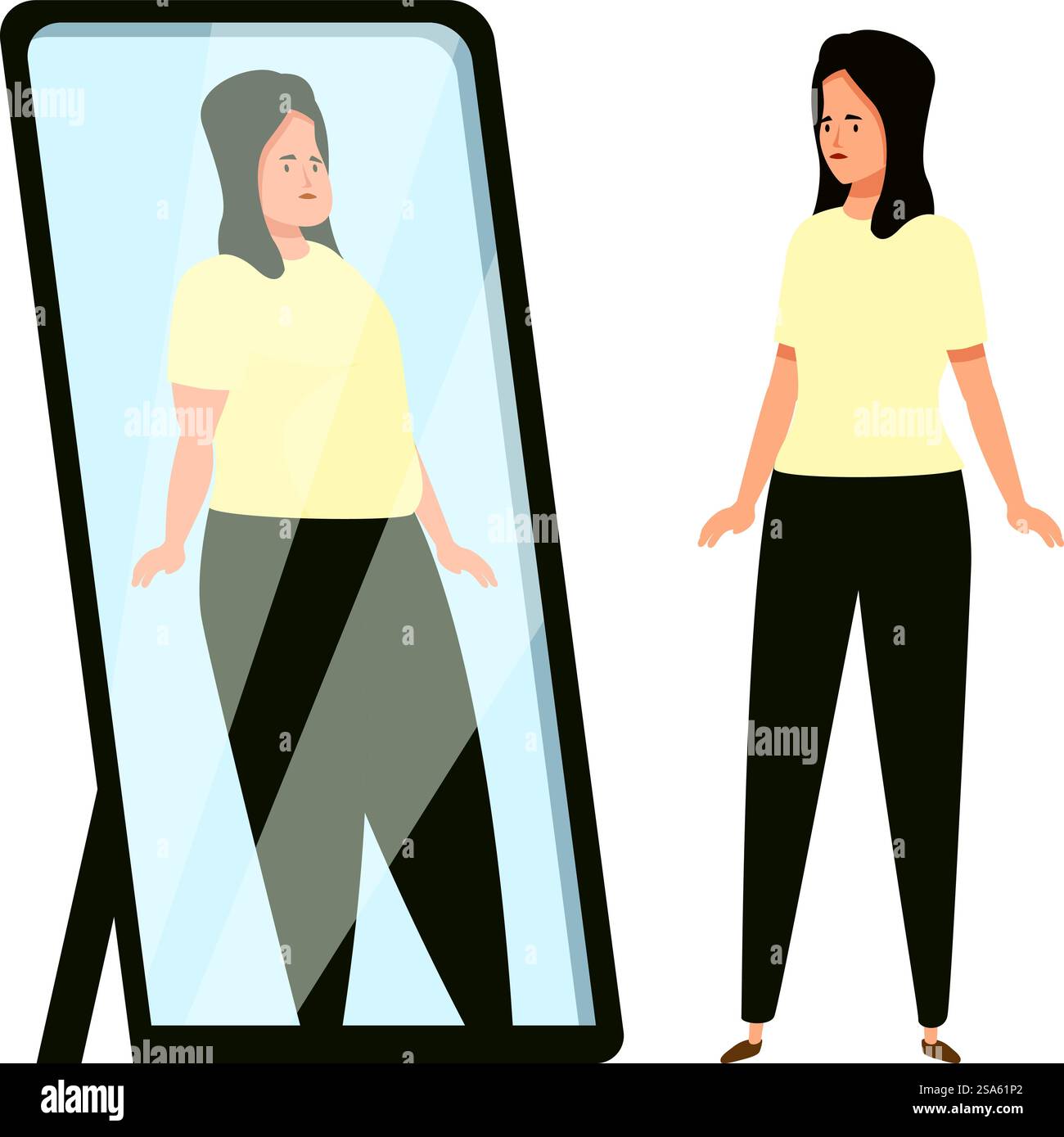 Young woman is unhappy with her body image as she sees a distorted ...