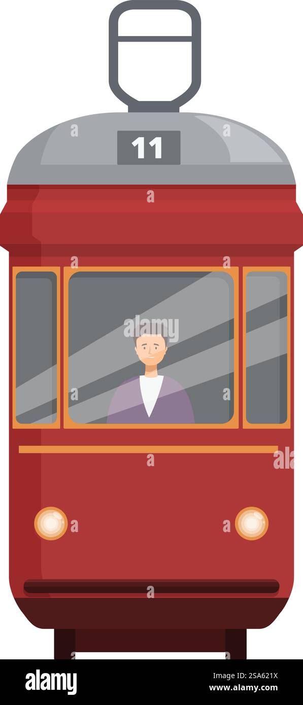 Tram driver is driving a red tram while looking straight ahead. Tram ...