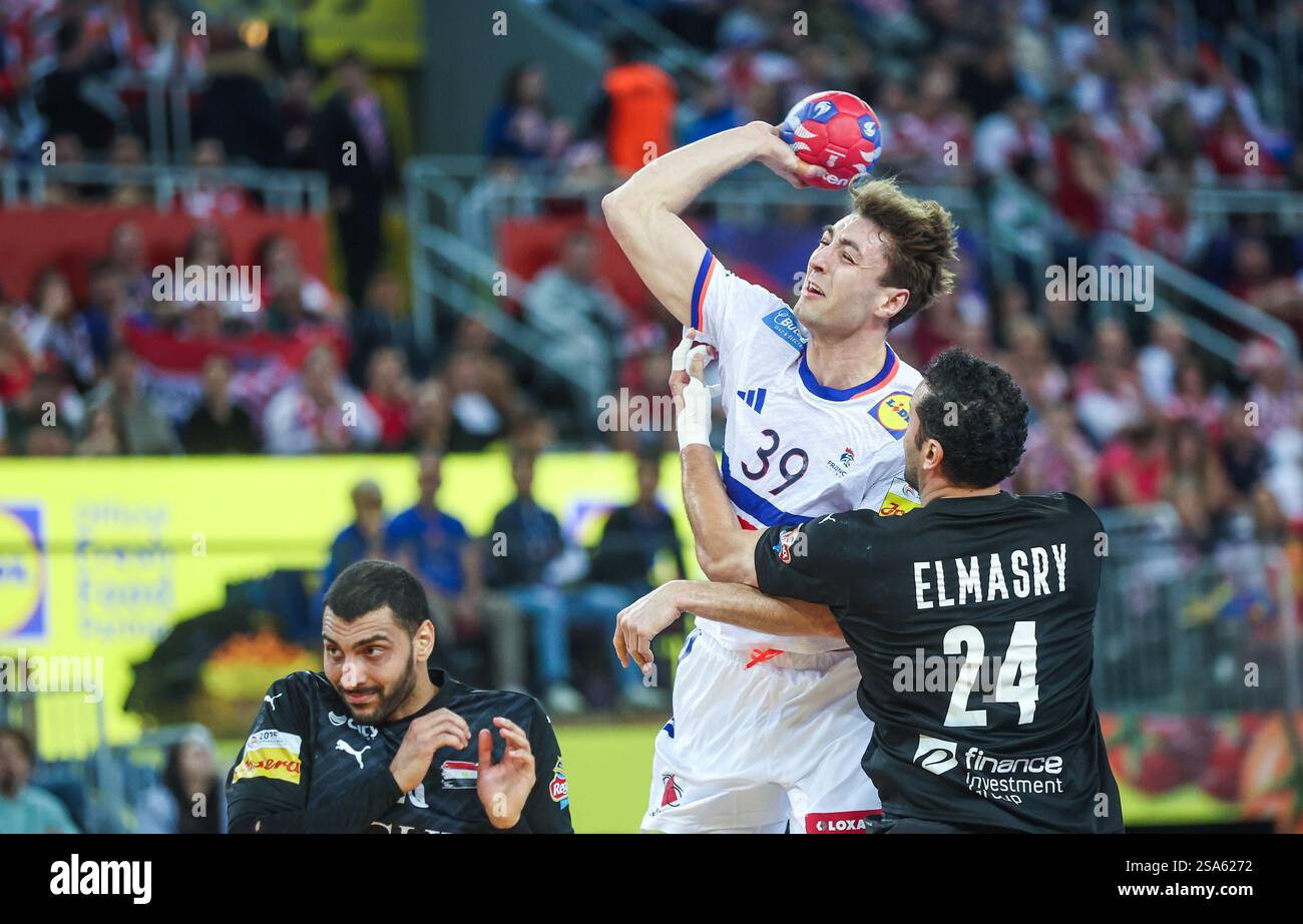 Zagreb, Croatia. 28th Jan, 2025. Thibaud Briet of France is challenged by Yahia Omar and Ibrahim ...