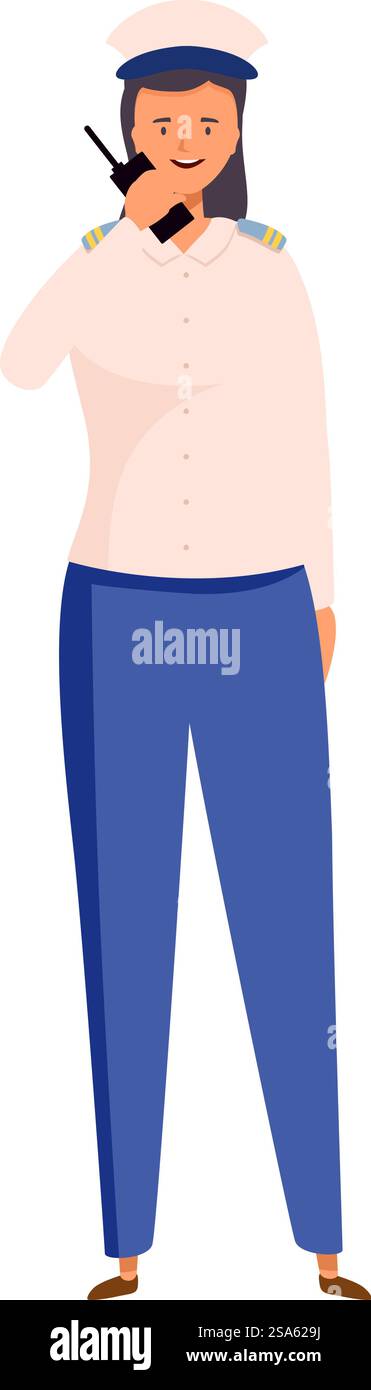 Female ship captain using walkie talkie radio while smiling. Ship ...