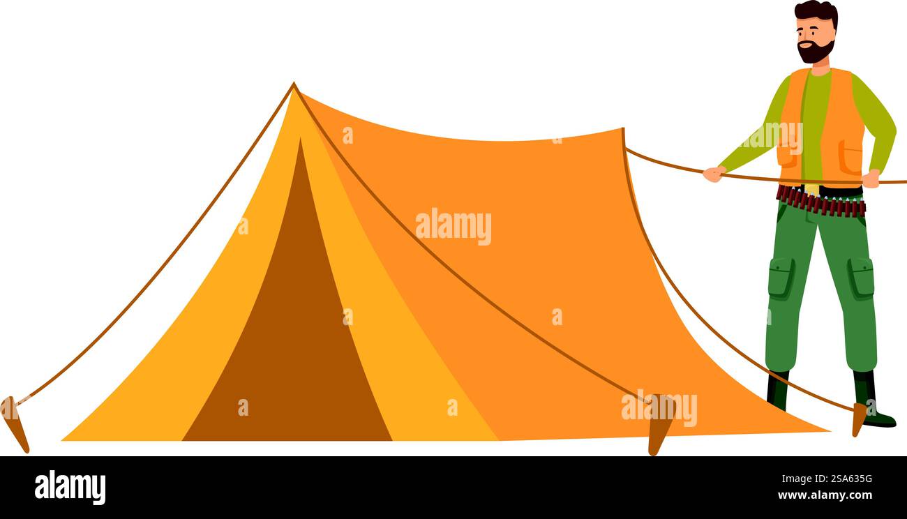 Hunter is assembling his tent, preparing for a night in the wild ...