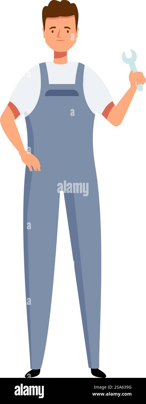 Skilled mechanic is standing proudly, holding a wrench in his hand ...