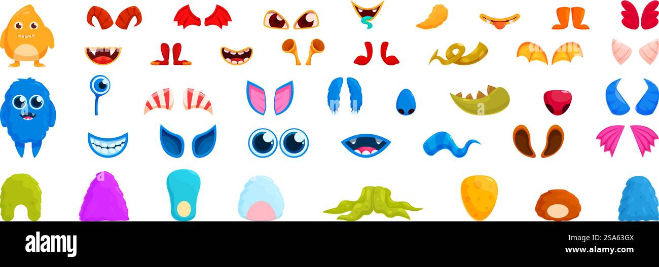 Monster creation icons set. Cartoon monster body parts set for creating ...