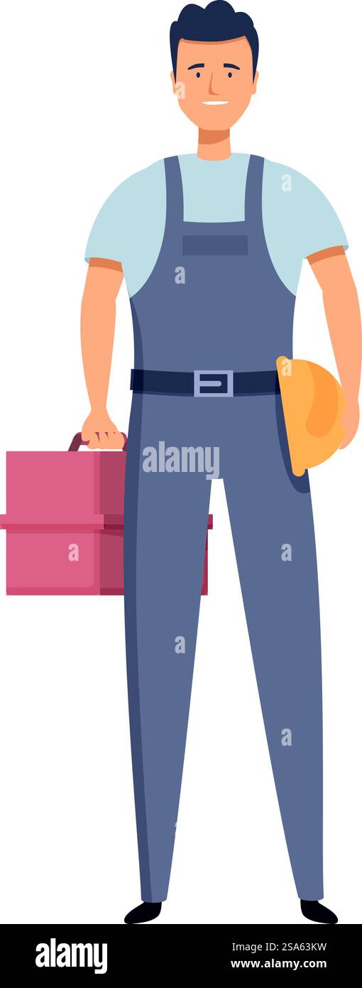Construction worker holding tool box and helmet, smiling builder ...