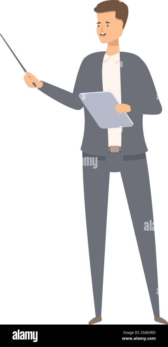 Business professional is giving a presentation, holding a tablet and ...