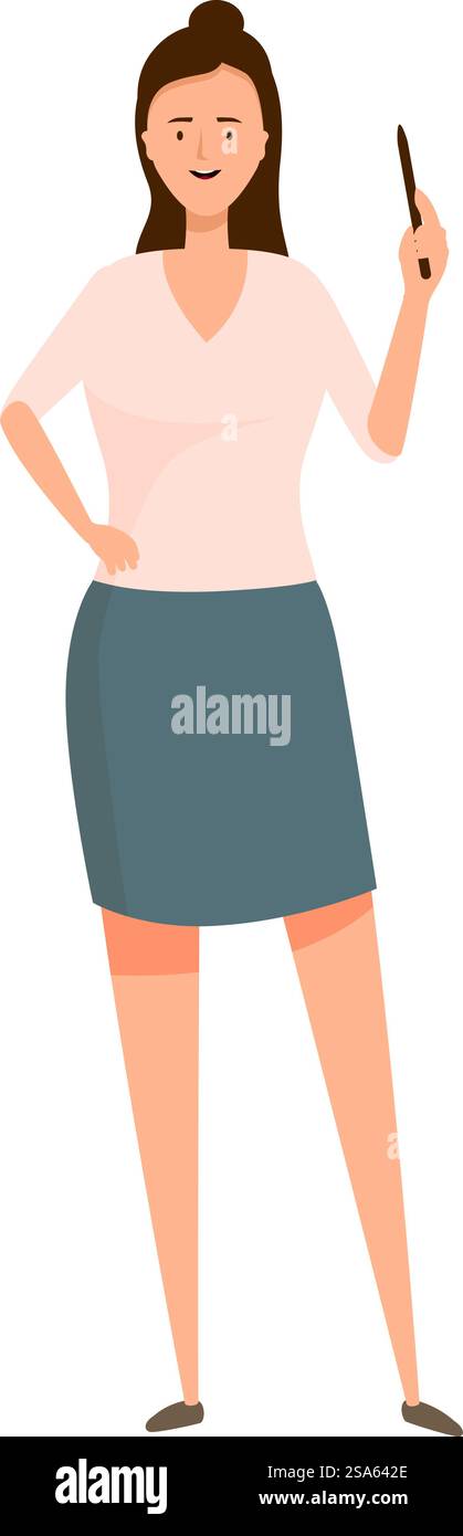 Young teacher holding pointer is explaining lesson on white background ...