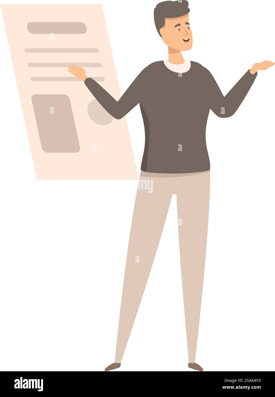 Young manager is pointing at a large sheet of paper while presenting a ...